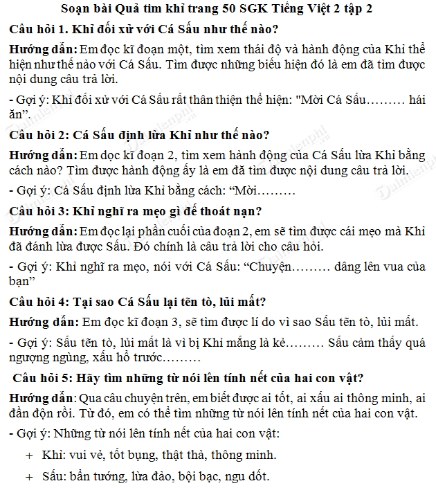 Chuẩn bị bài Tập đọc: Quả tim khỉ, soạn Tiếng Việt lớp 2 trang 50 SGK