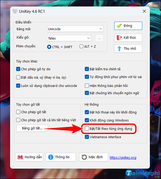Hướng dẫn Cách Bật/Tắt tiếng Việt theo từng ứng dụng trên Unikey 4.6 RC1