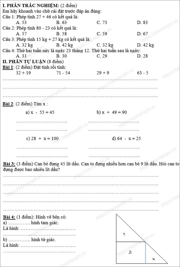 Bài thi Toán lớp 2 học kì 1 năm học 2022 - 2023 với đáp án và sách CTST, C