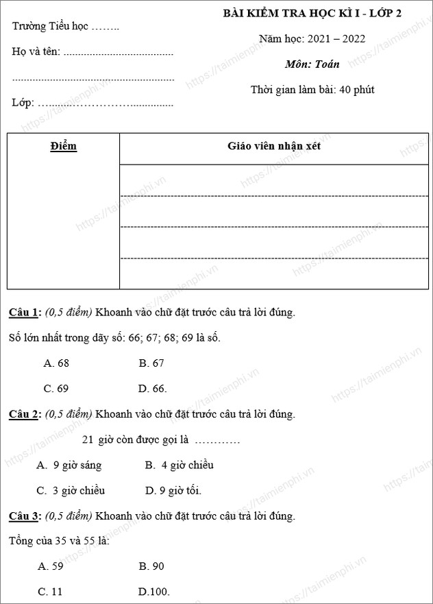 Bài thi Toán lớp 2 học kì 1 năm học 2022 - 2023 với đáp án và sách CTST, C