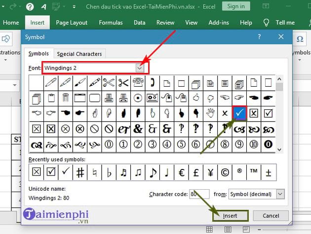Bí quyết chèn dấu tick vào Excel 2016, 2019, 2013, 2010, 2007