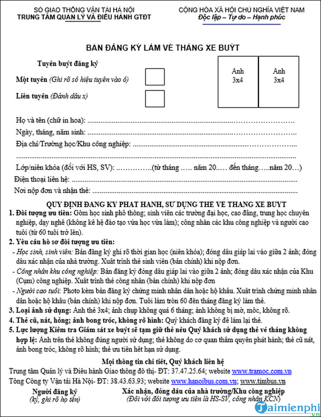 Mẫu đơn đăng ký vé tháng xe bus Hà Nội, TPHCM mới nhất