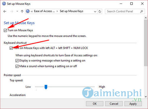 Bật chức năng Mouse Keys trên Windows 10
