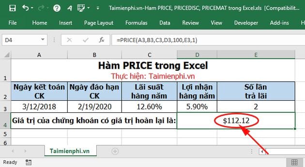 Hàm PRICE, PRICEDISC, PRICEMAT trong Excel