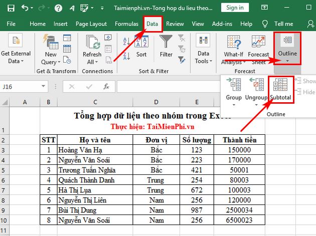 Hướng dẫn Tổng hợp dữ liệu theo nhóm trong Excel từ phiên bản 2007 đến 2019