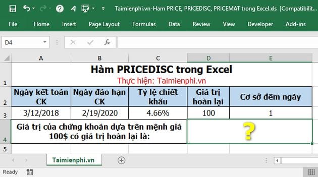 Hàm PRICE, PRICEDISC, PRICEMAT trong Excel
