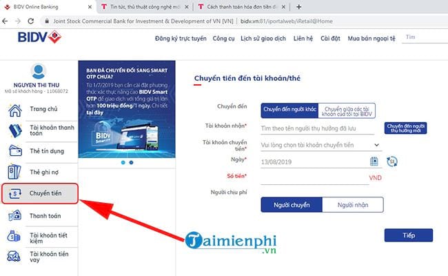 Hướng dẫn chuyển tiền BIDV từ máy tính