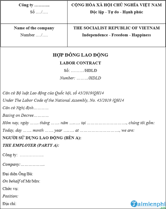 Sample bilingual English - Vietnamese Labor Contract template compliant ...