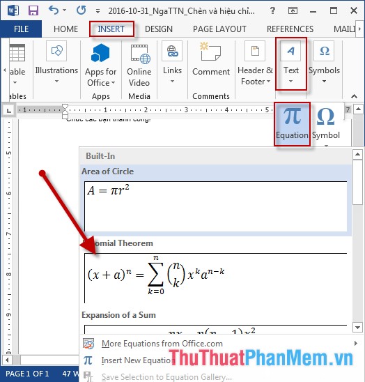 Inserting and formatting mathematical expressions in Word