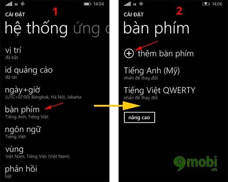 How to activate the Telex keyboard on Windows Phone 8.1