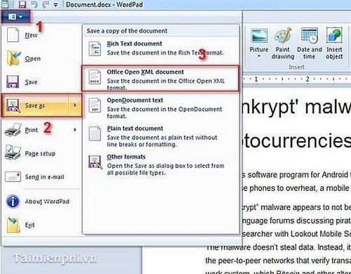Guide to opening and saving DOCX format using WordPad