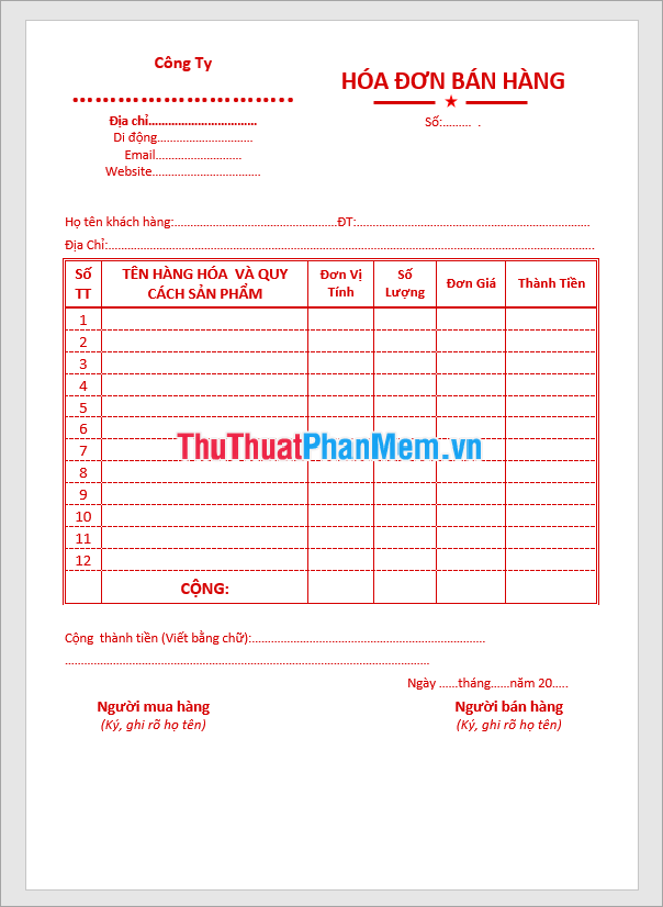 Standard Retail Invoice Template