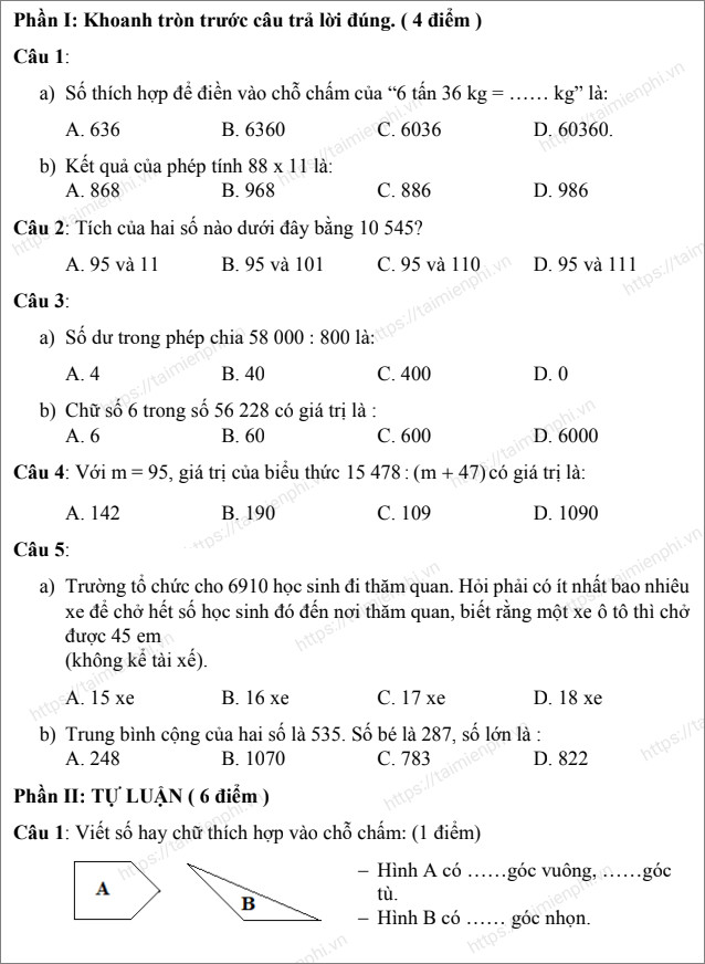 Class 4 Mathematics Semester 1 Exam 2022 - 2023 with Answers