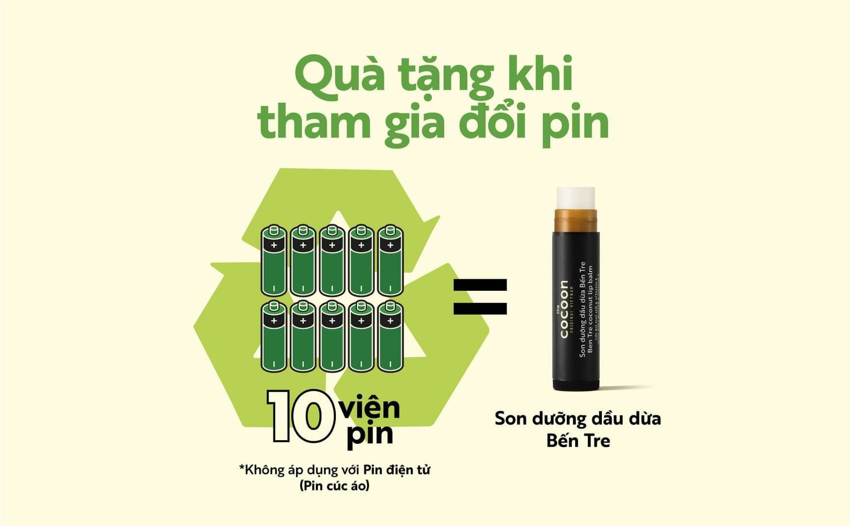 [TP HCM] Tặng son dưỡng môi dầu dừa với 10 viên pin cũ