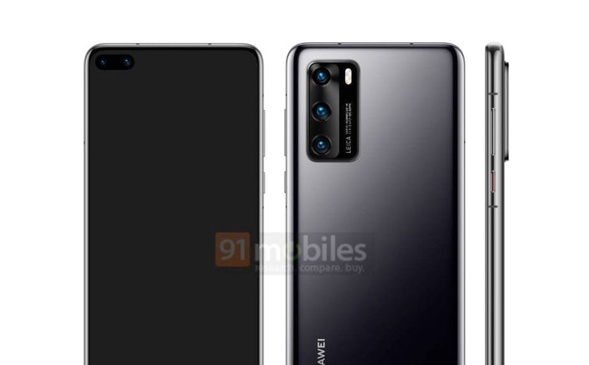 Ảnh render mới nhất của Huawei P40: 3 camera dọc và lỗ khoét màn hình trước