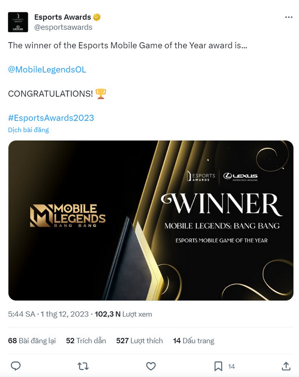 Mobile Legends wins the title of Mobile Esports Game of the Year on Mytour