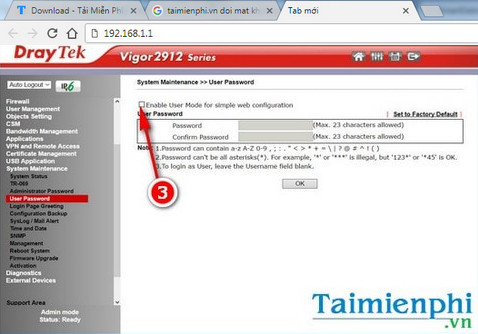 Changing the administration login password for modem and router Vigor Draytek