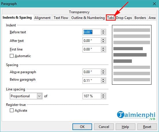 Formatting Tabs in OpenOffice