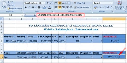Comparison between ODDFPRICE and ODDLPRICE Functions in Excel