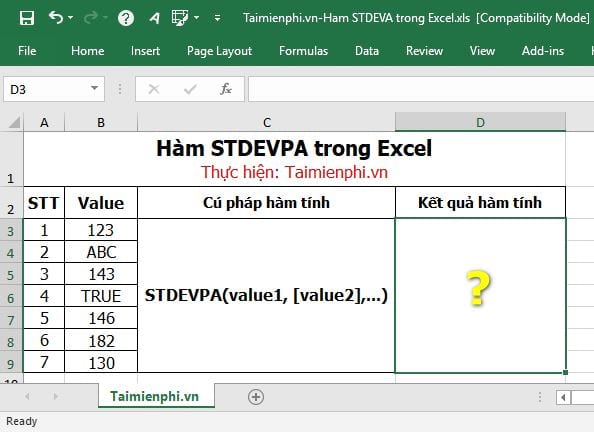 Hàm Độ lệch chuẩn của dãy số trong Excel: STDEVPA
