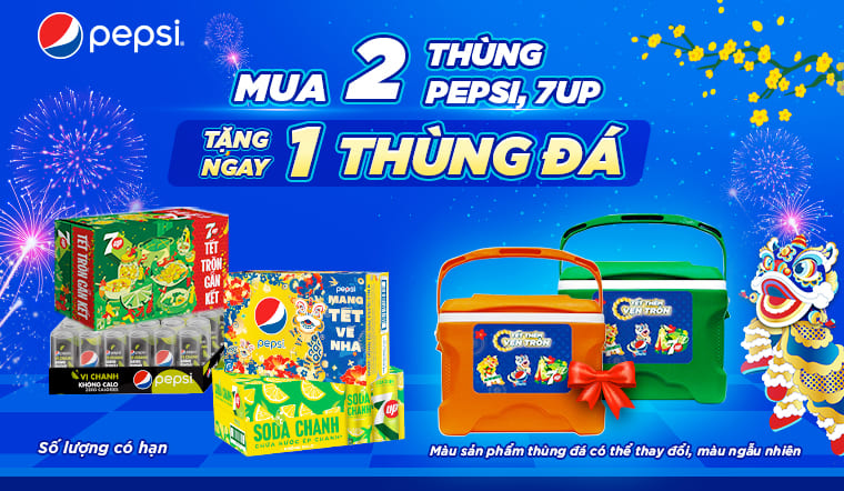 Mua 2 thùng Pepsi/7Up (320ml/lon) bất kì sẽ nhận thêm thùng 8L miễn phí