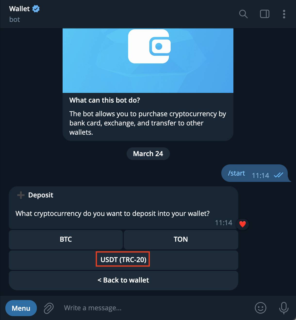 Hướng dẫn sử dụng Bot Wallet trên ứng dụng chat Telegram để chuyển USDT