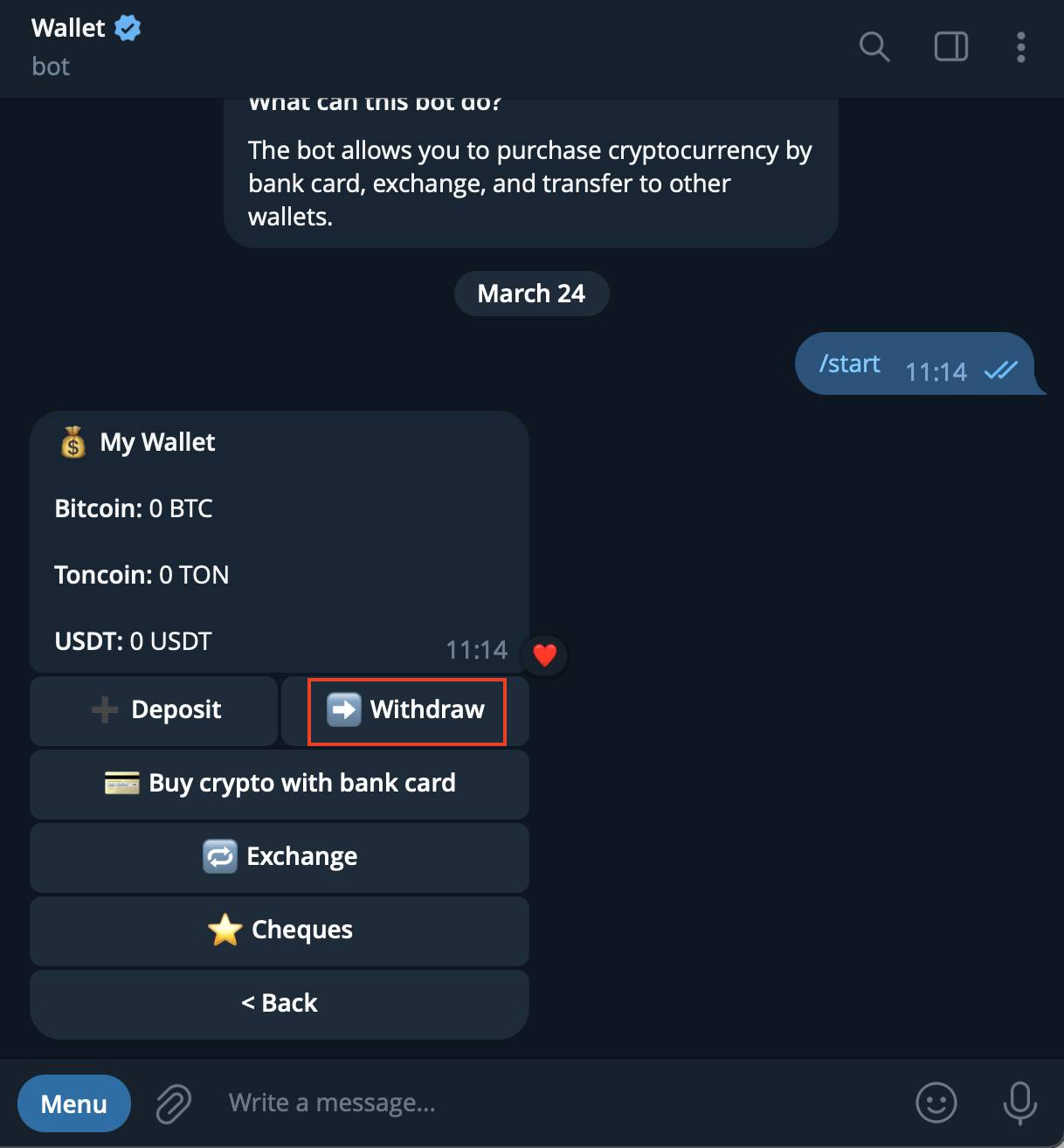Hướng dẫn sử dụng Bot Wallet trên ứng dụng chat Telegram để chuyển USDT