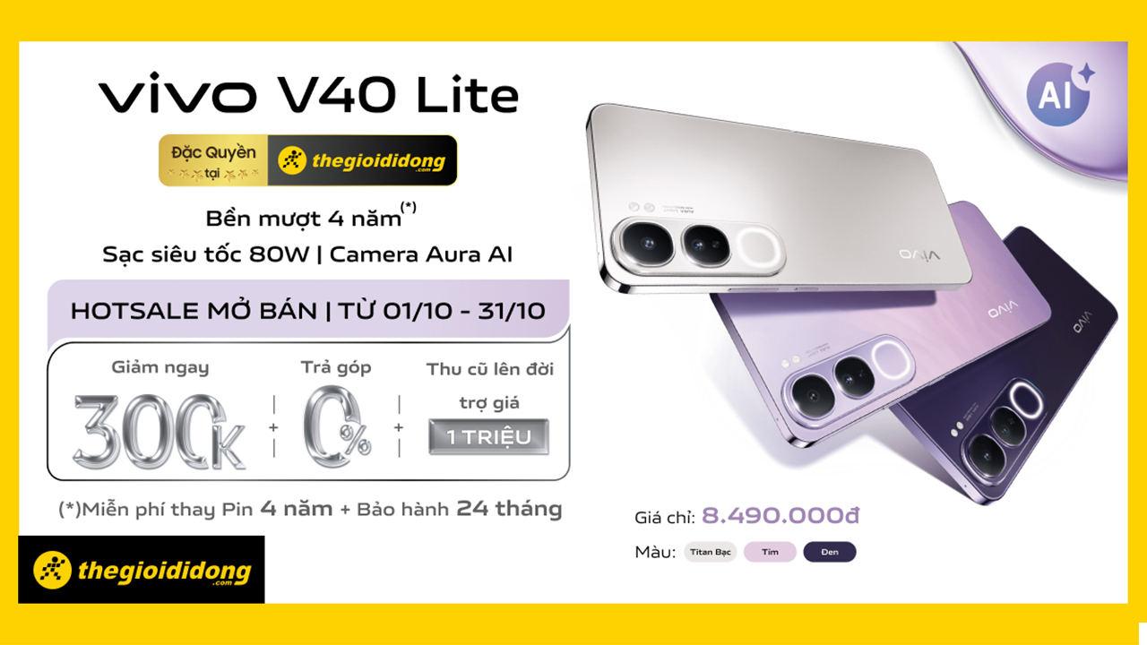 Khuyến mãi Vivo V40 Lite: Giảm ngay 300K + trả góp 0%, thay pin miễn phí