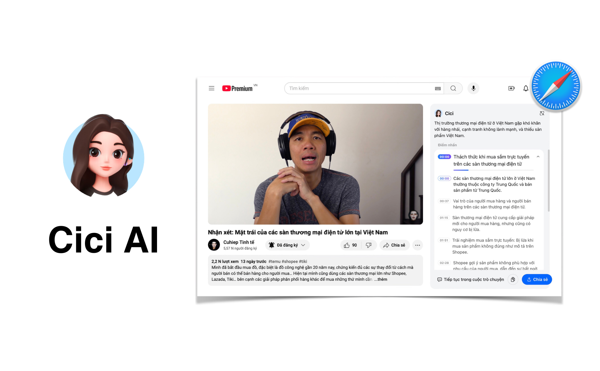 Trải nghiệm Cici AI trên Safari: Công cụ tuyệt vời giúp tóm tắt video, tìm kiếm, dịch thuật và ...
