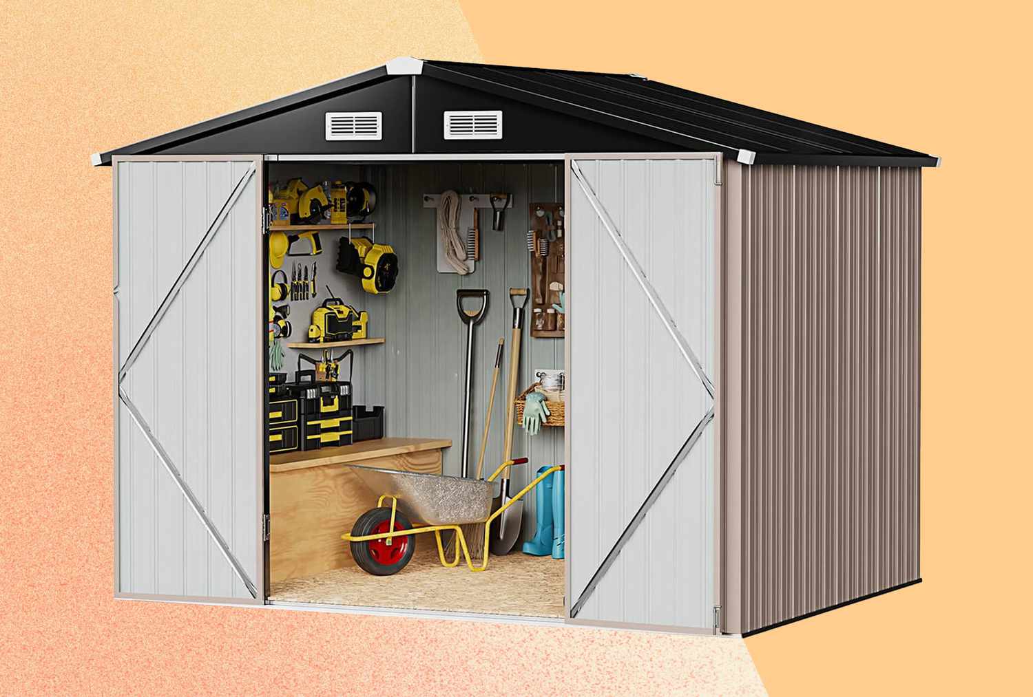 This large storage shed arrives conveniently at your doorstep in a box ...