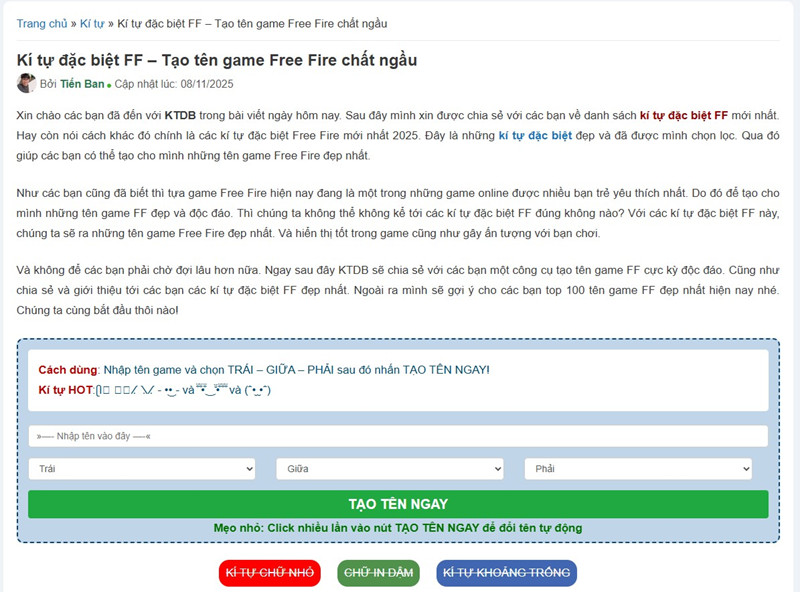 Khám Phá Tên Game Free Fire Đậm Chất Riêng Cùng Ktdb.Net – Công Cụ Tạo Tên FF Ký Tự Đặc Biệt Hot ...